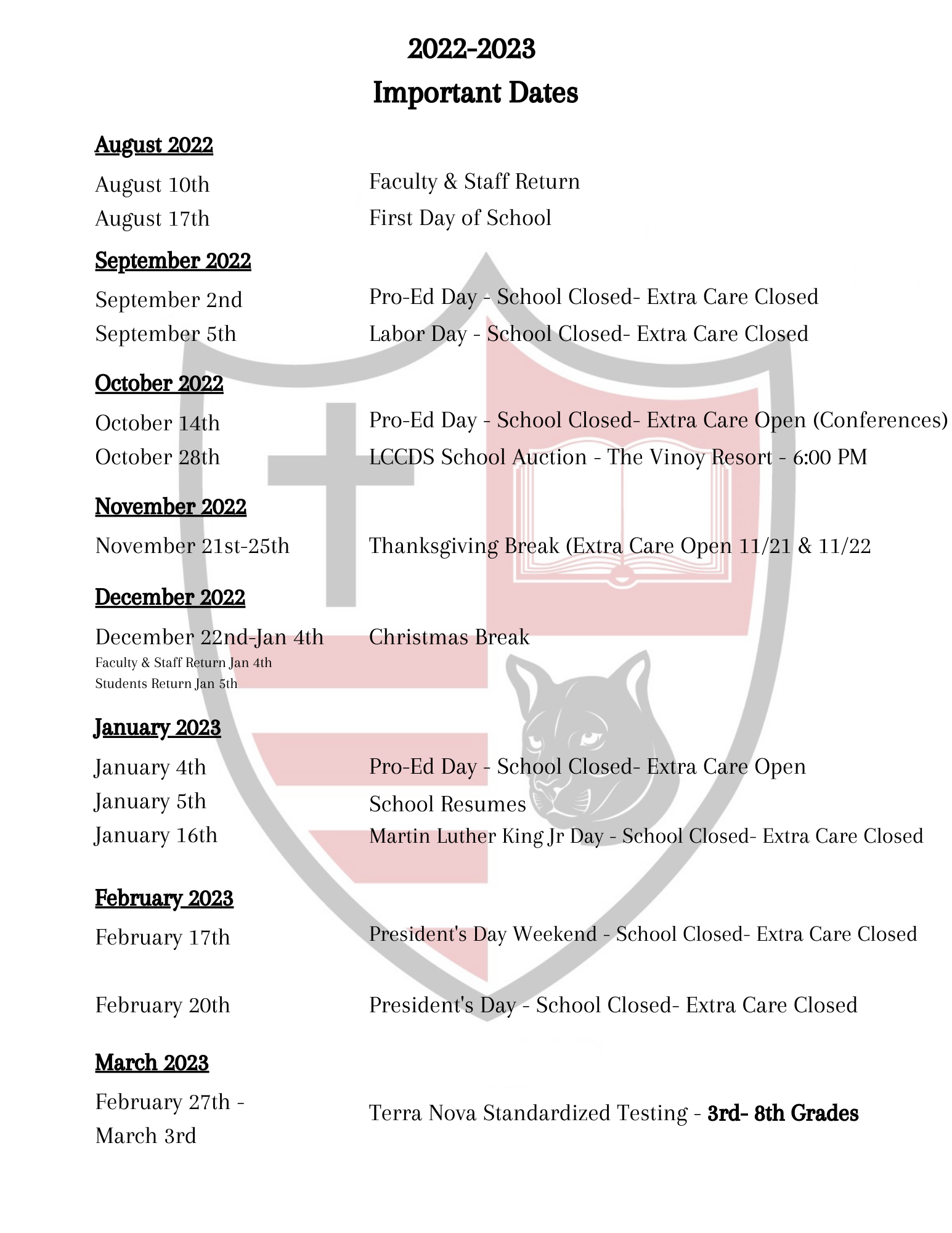 2022-2023 Important Dates - Lutheran Church of the Cross Day School
