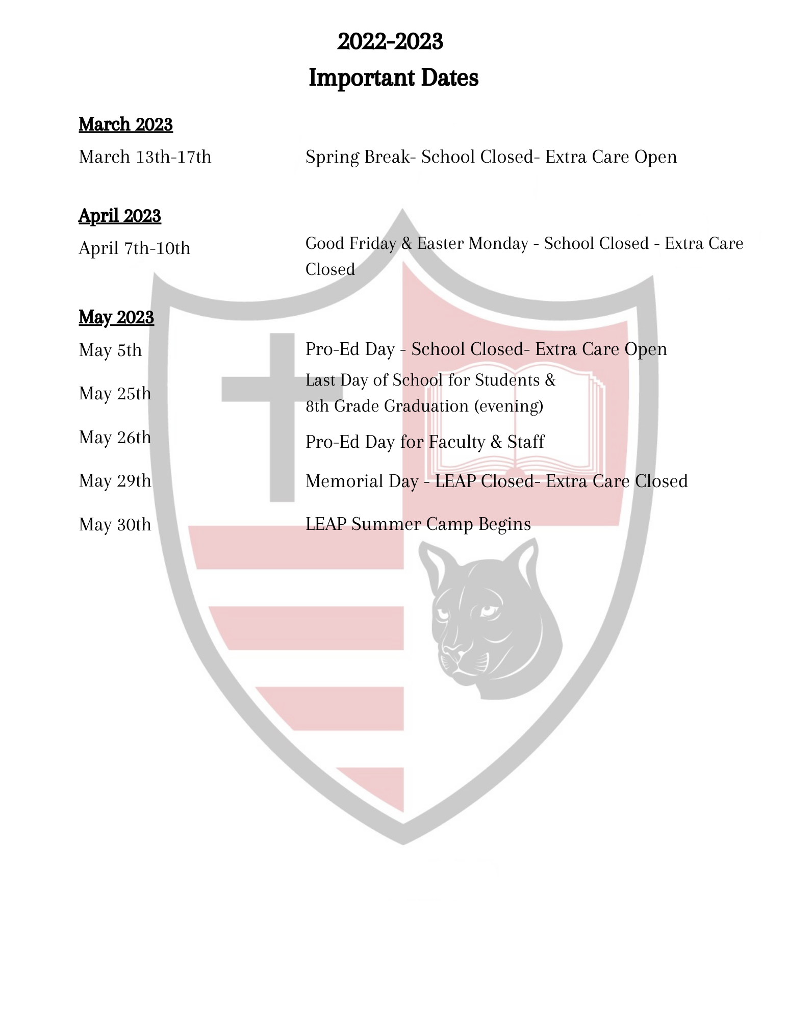 2022-2023 Important Dates - Lutheran Church of the Cross Day School